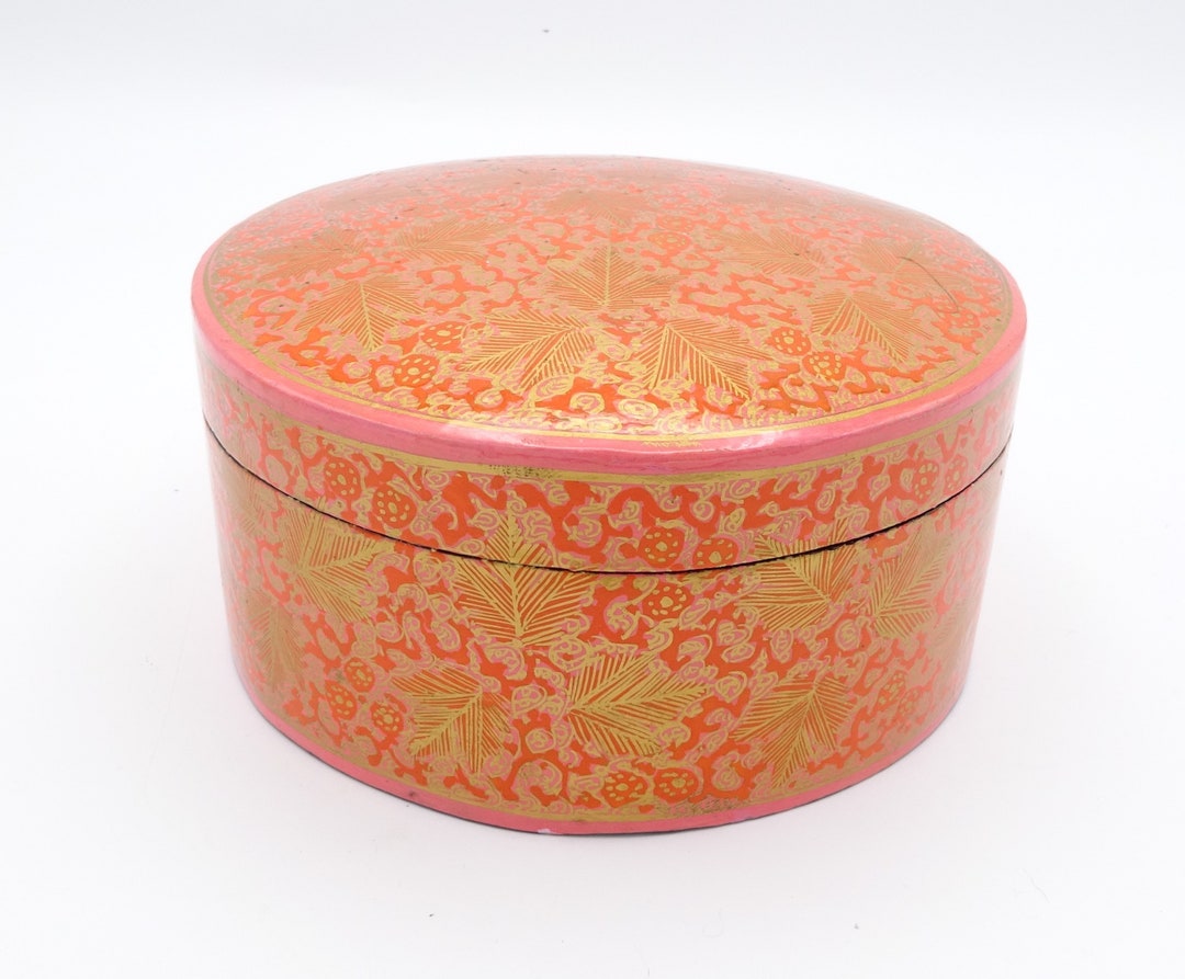 Vintage Indian Kashmiri Paper Mache Large Round Trinket Pot - Etsy