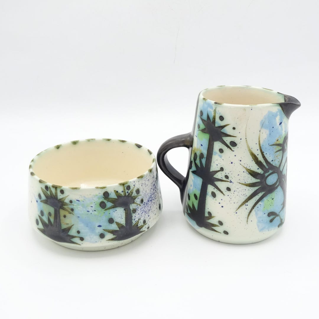 Vintage Newlyn Pottery Celtic Design Folk Pattern Jug and Sugar Bowl ...