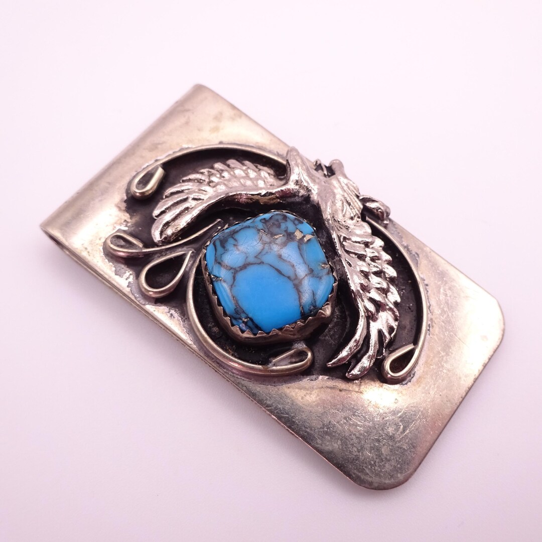 Vintage Native American Navajo Money Clip White Metal Turquoise - Etsy