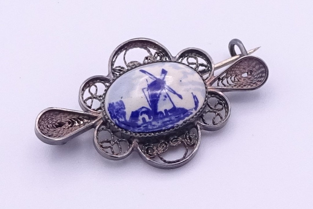 Antique Delft Windmill Small Ceramic 800 Silver Filigree Pin Brooch - Etsy