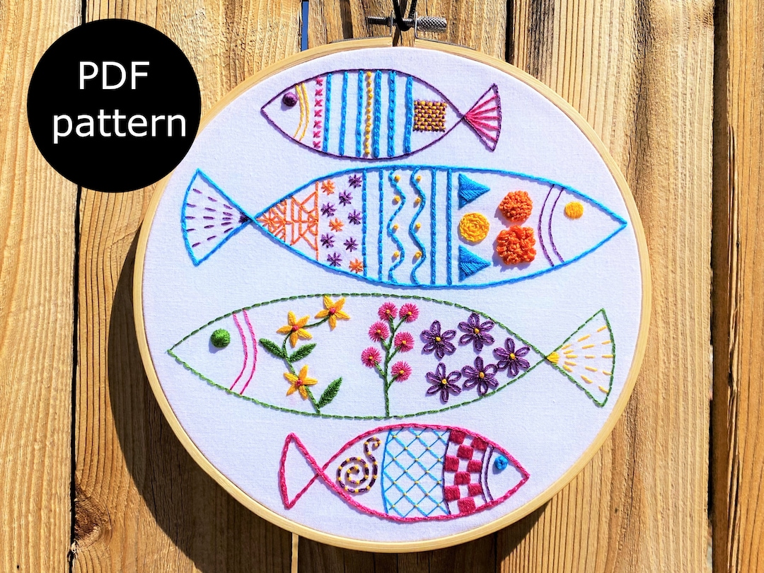 Colorful Fish Embroidery Sampler, Beginner Pattern, Learn Embroidery ...