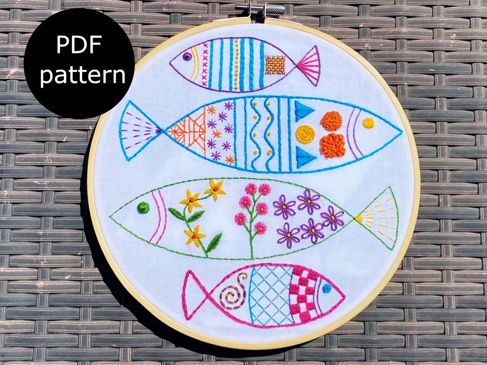 Colorful Fish Embroidery Sampler, Beginner Pattern, Learn Embroidery ...