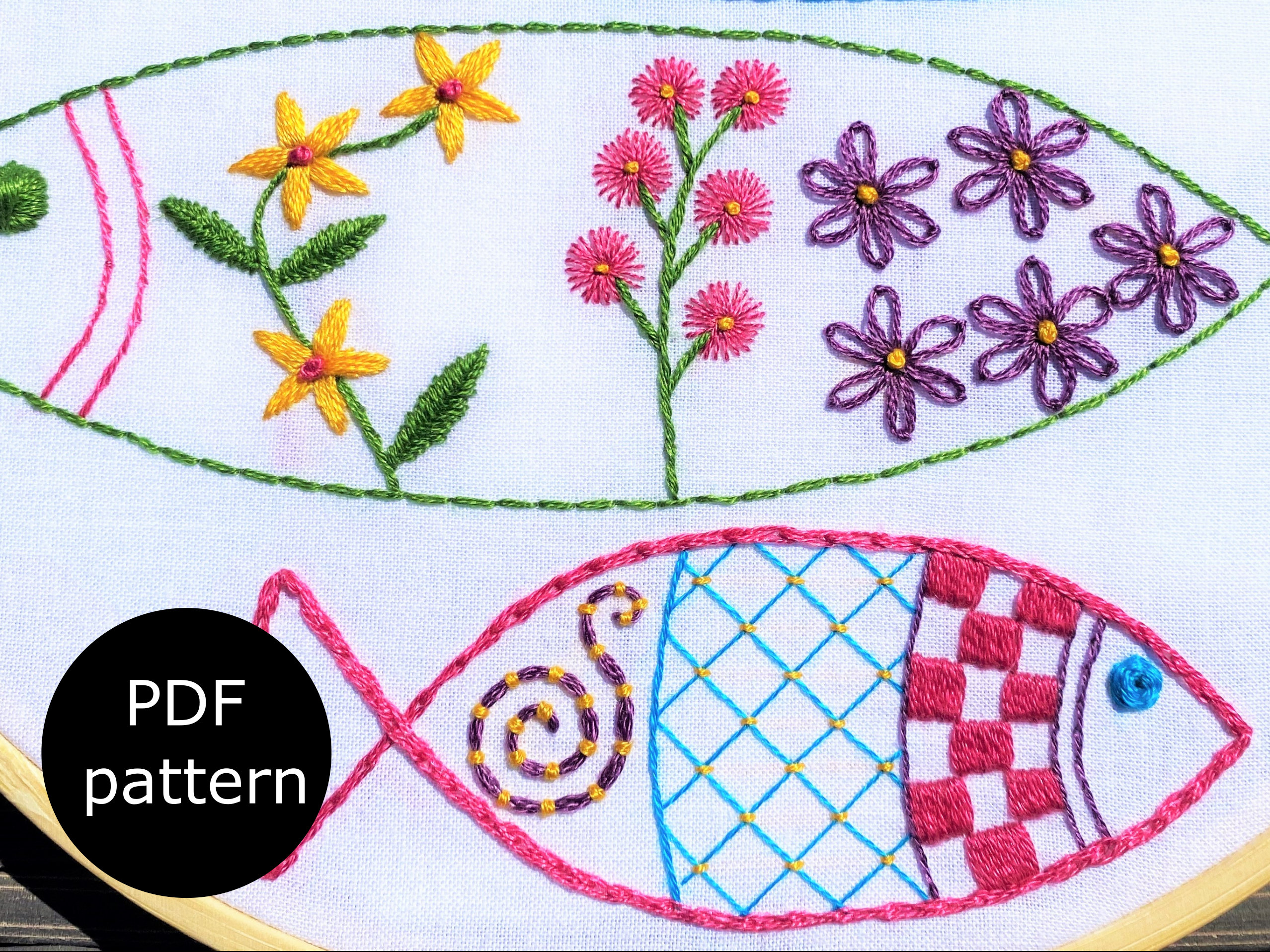 Colorful Fish Embroidery Sampler, Beginner Pattern, Learn Embroidery ...