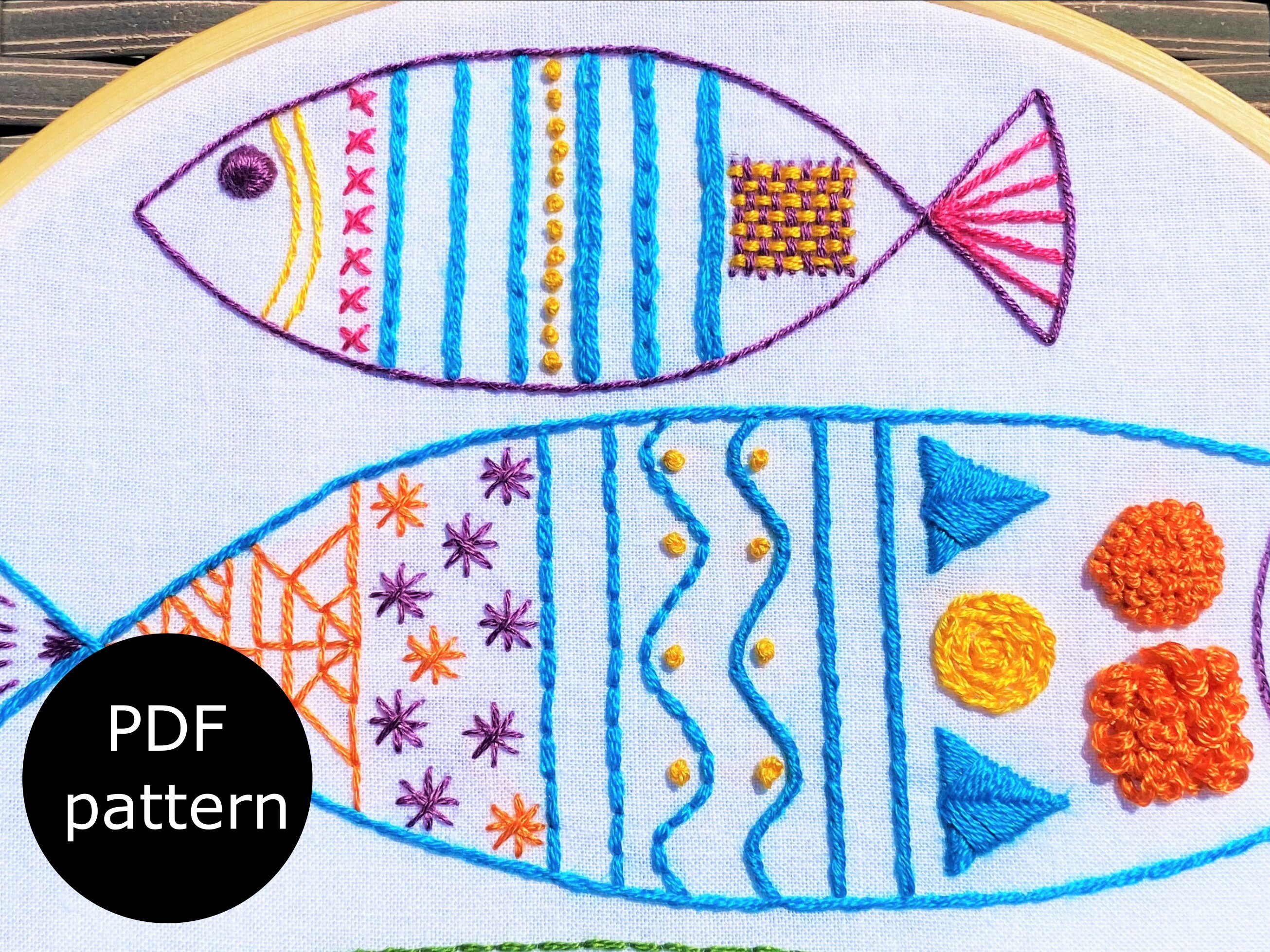 Colorful Fish Embroidery Sampler, Beginner Pattern, Learn Embroidery ...