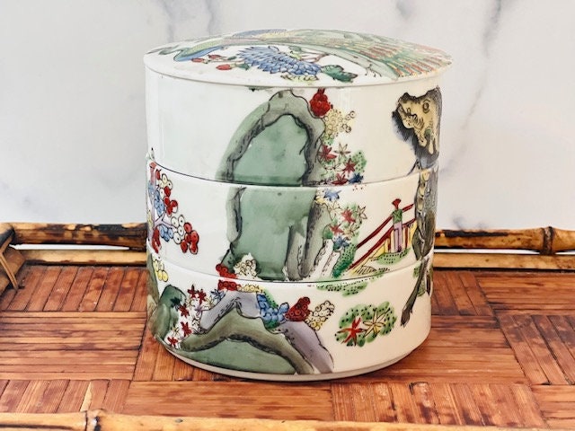 Vintage Chinese Asian Porcelain Dragon and Blossom Tree Stacked Box ...
