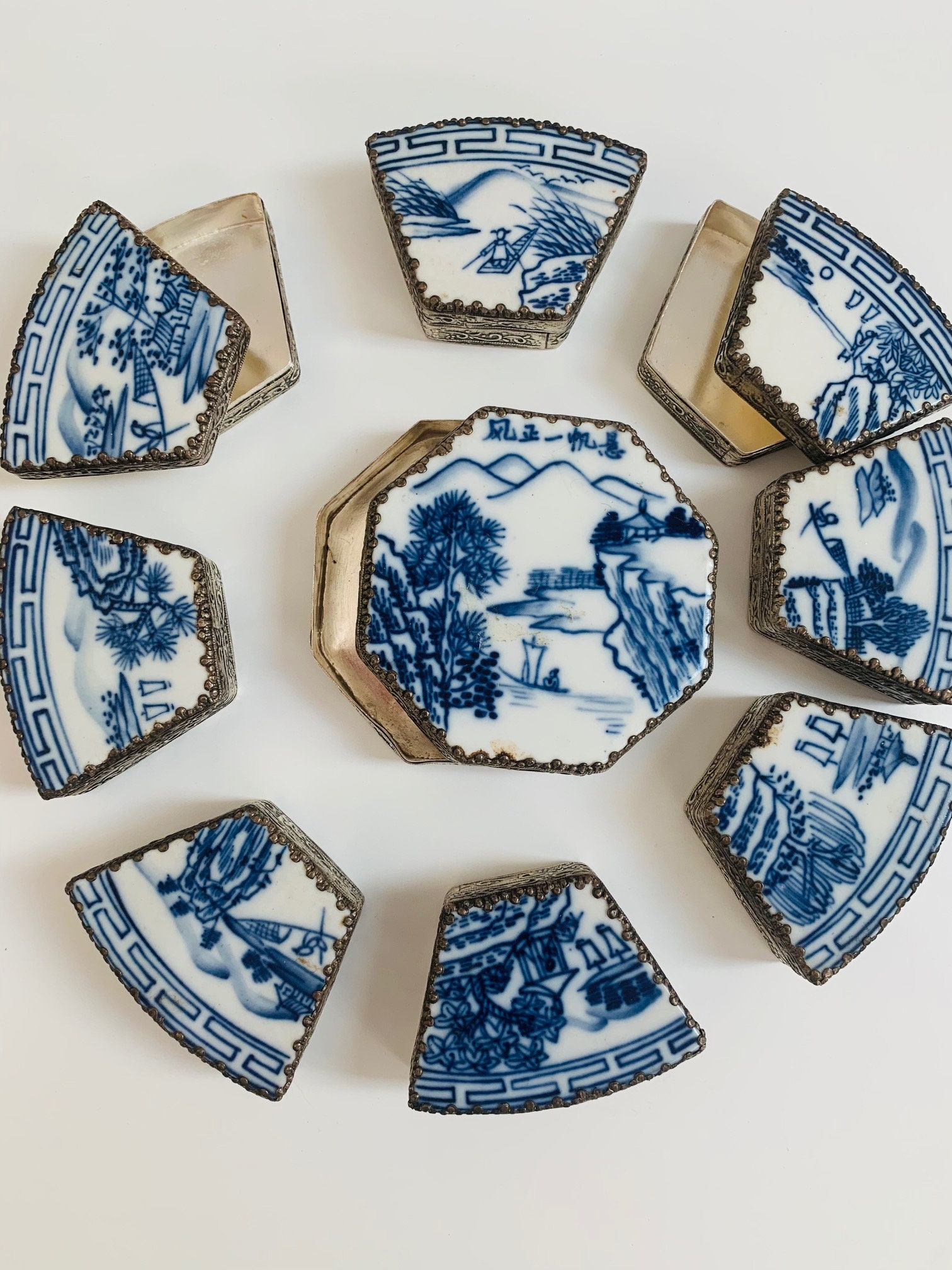 Chinoiserie Blue and White Shard Box Set - Porcelain and Metal Trinket ...