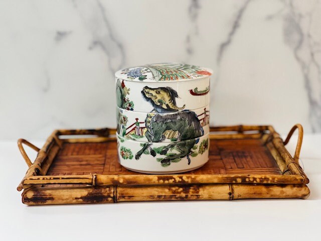 Vintage Chinese Asian Porcelain Dragon and Blossom Tree Stacked Box ...
