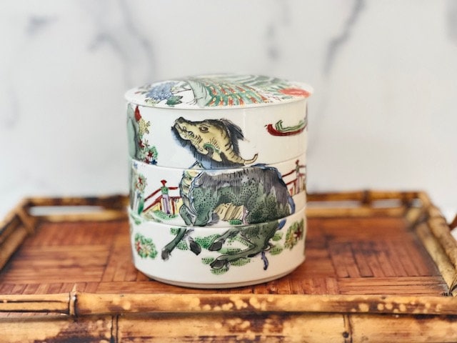 Vintage Chinese Asian Porcelain Dragon and Blossom Tree Stacked Box ...