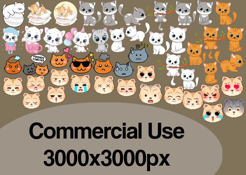 Funny Cats Clipart, Cute Cat Clip Art, Kawaii Kitten, Cat Precropped ...