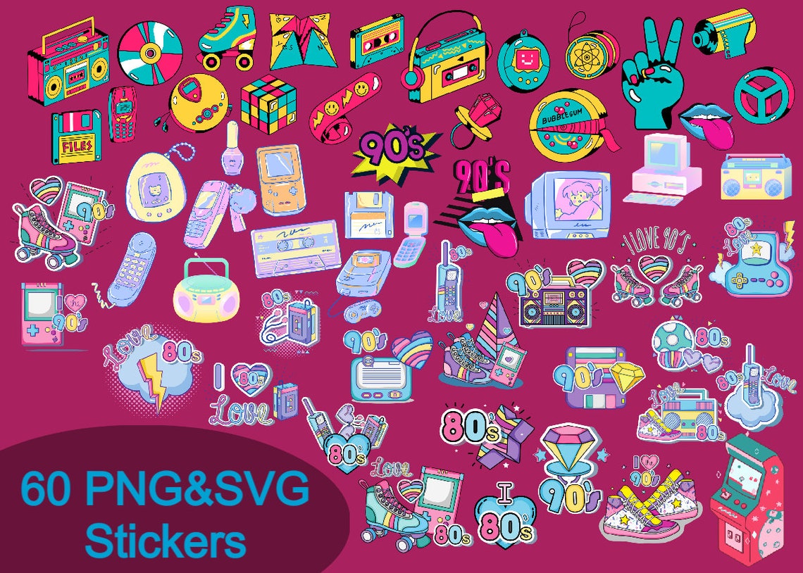 80's & 90's Nostalgia Stickers Pack | PNG SVG Bundle, Retro Stickers ...