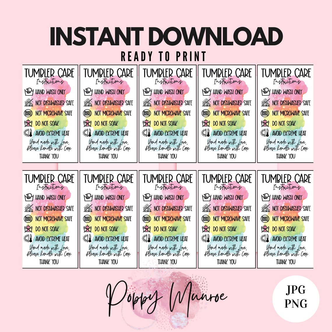 Tumbler Care Cards READY TO PRINT Instructions Card Tumbler | Etsy