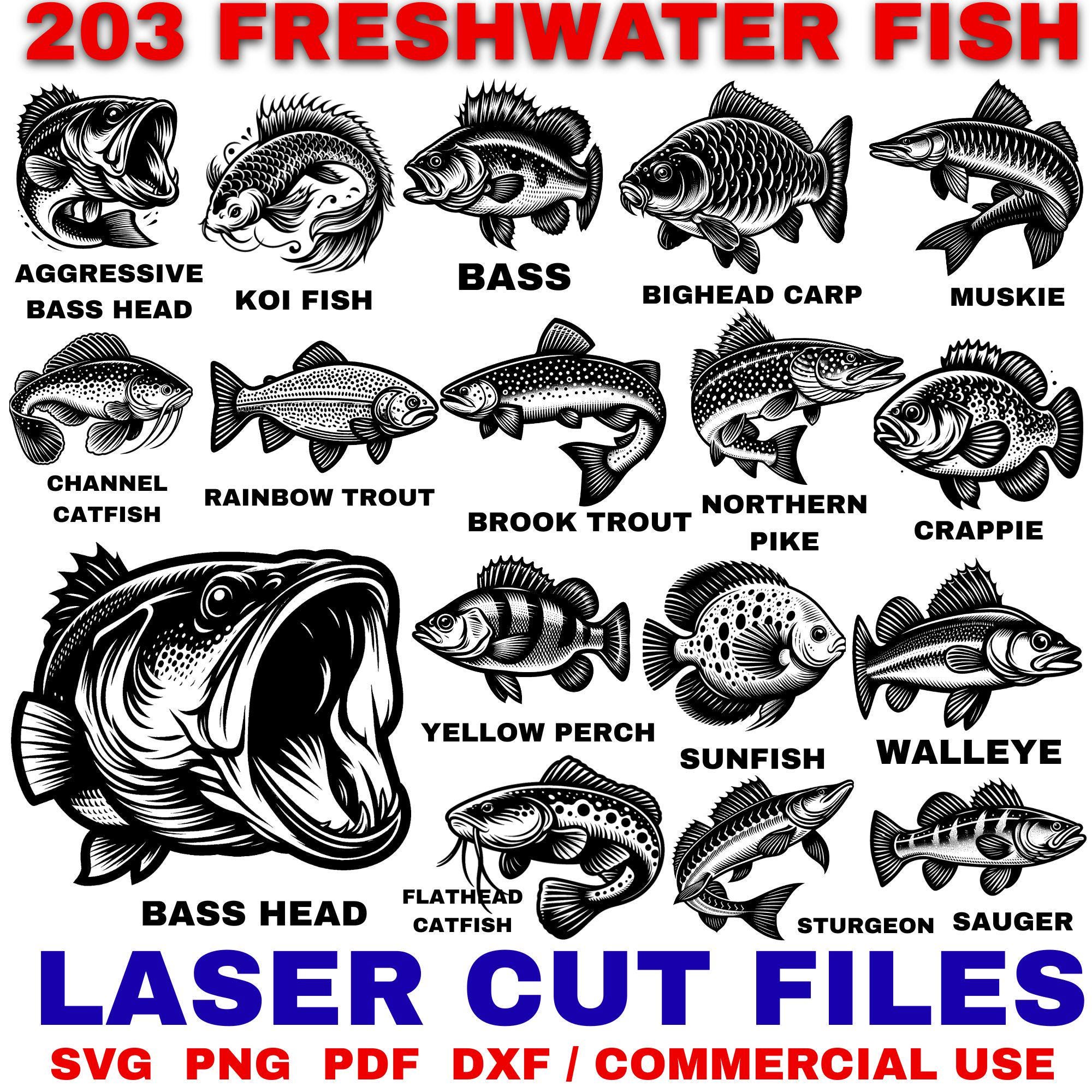 Freshwater Fish Laser Cut Files SVG Bundle, Bass Trout Carp Pike Vector ...