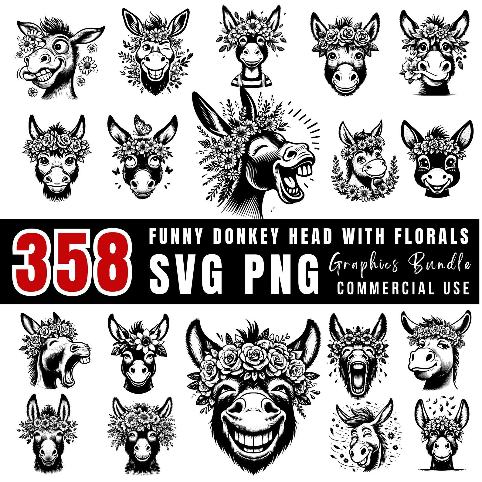 Funny Donkey Heads With Floral Accents SVG Bundle| Cute Farm Animal ...