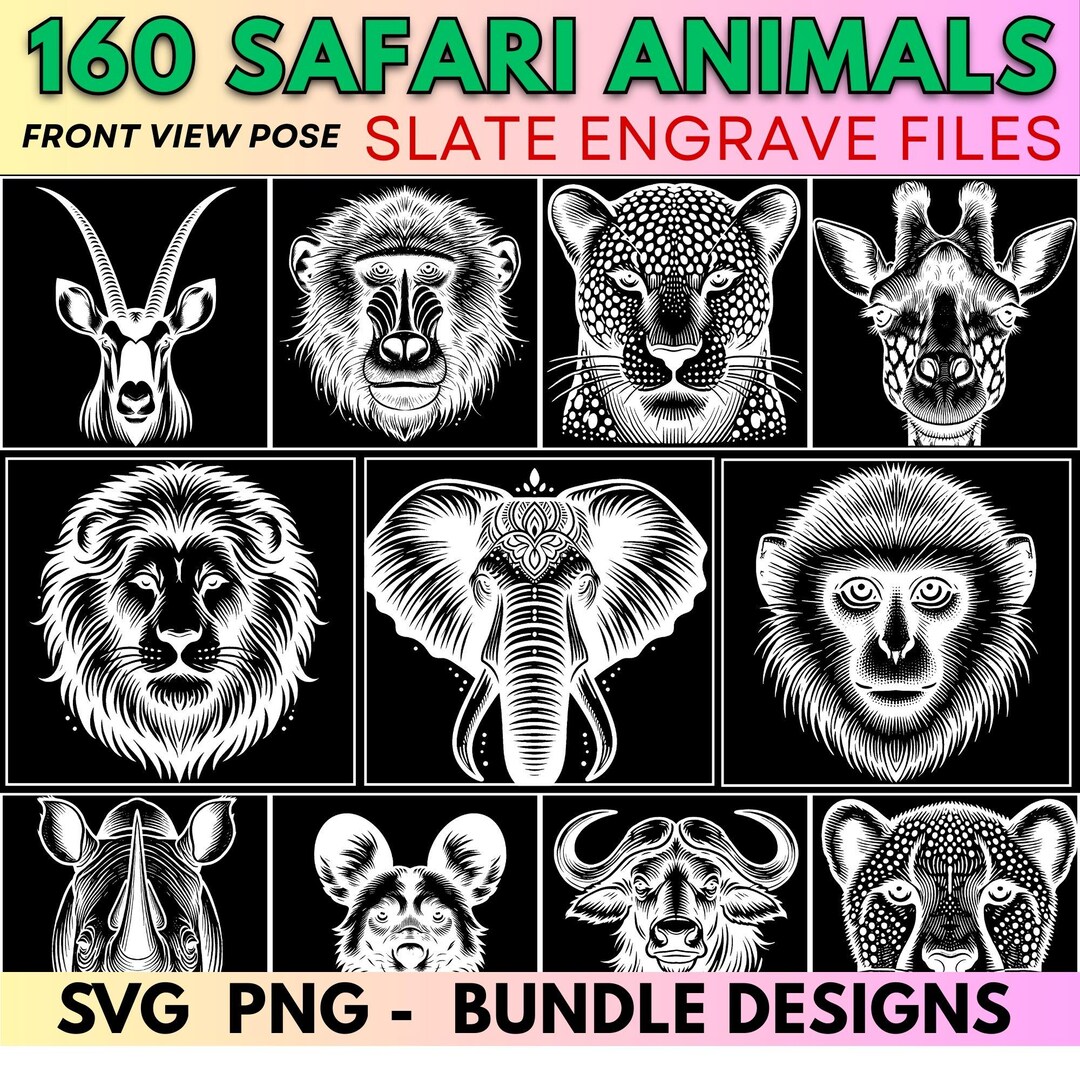 160 Safari Animals Head Slate Engrave SVG Bundle, Png Lion Elephant ...