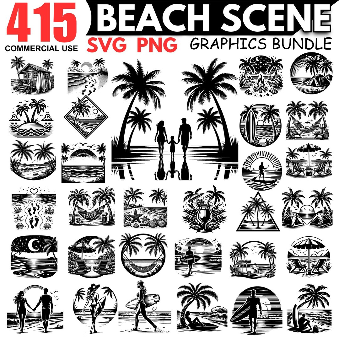 415 Beach Scene SVG Bundle, Tropical Beach PNG, Sunset Palm Tree Cut ...