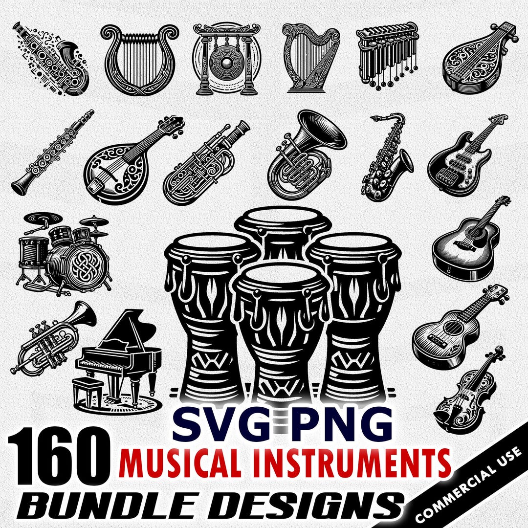 160 Musical Instruments Bundle Designs SVG, PNG, Music Note Svg ...