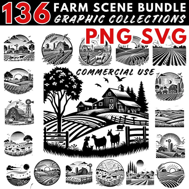 136 Farm Landscape Scene SVG and PNG Bundle | Countryside Fields, Barn ...