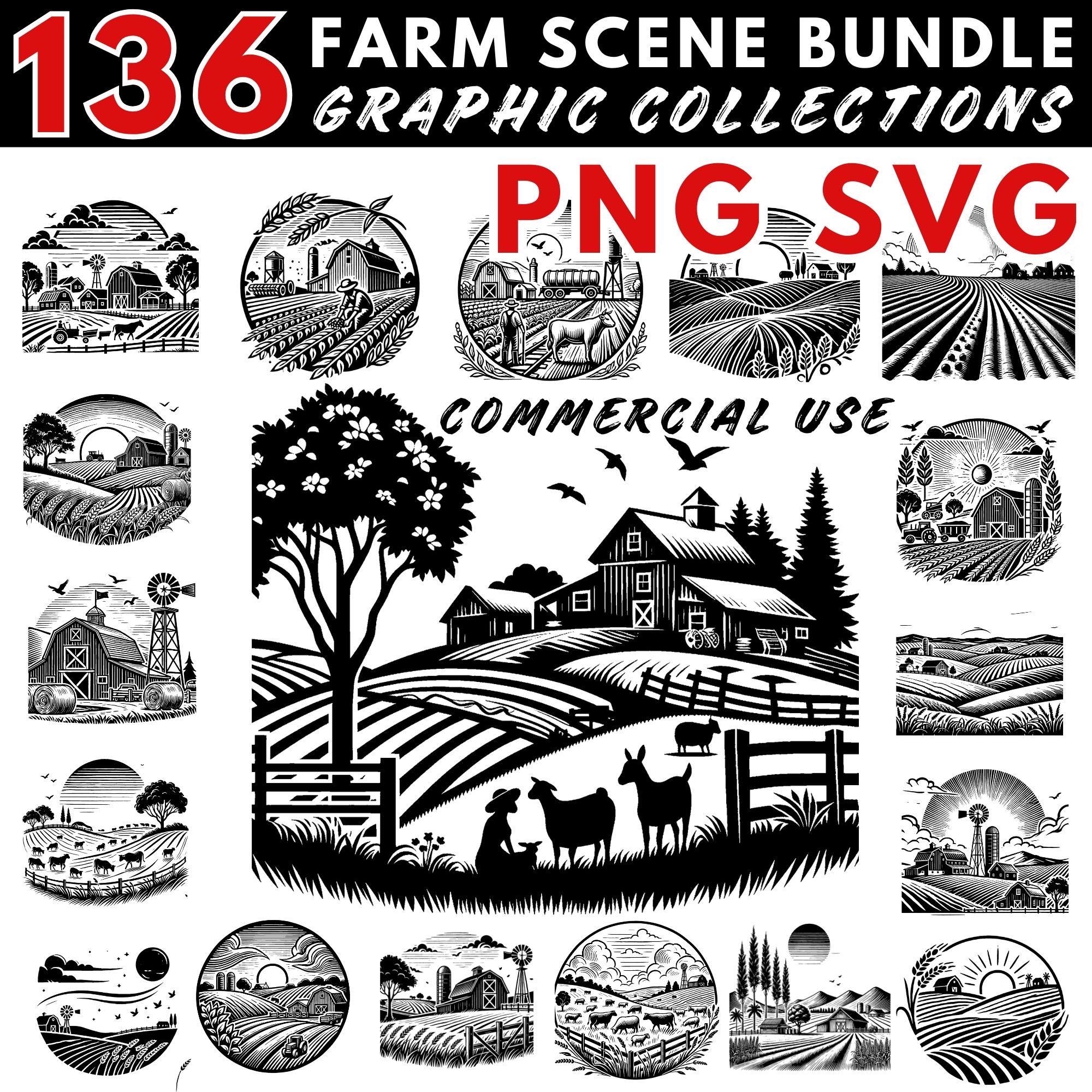 136 Farm Landscape Scene SVG and PNG Bundle | Countryside Fields, Barn ...