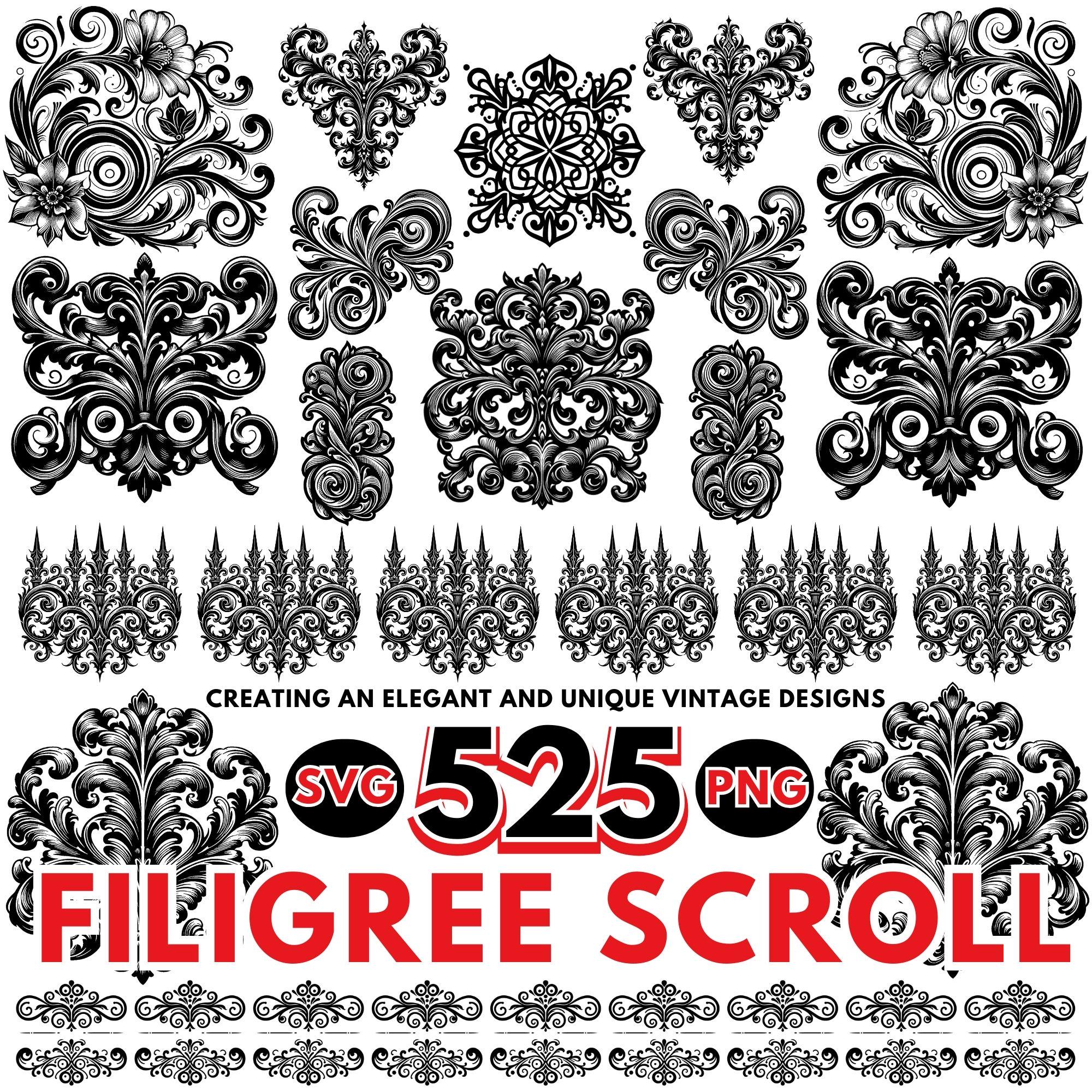 Filigree Scroll SVG and PNG Bundle, Elegant Filigree Scroll Cricut ...
