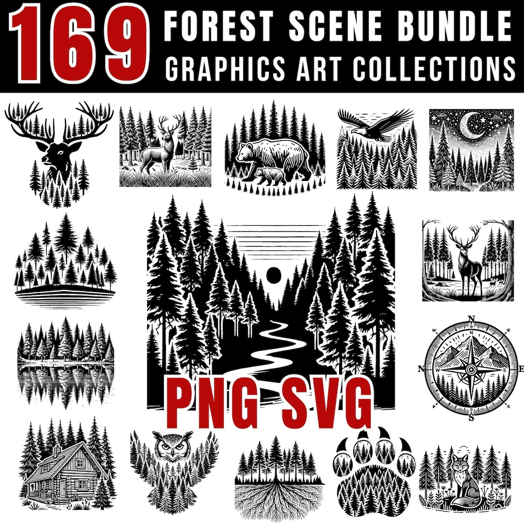 Forest Scene SVG and PNG Bundle | Wild Forest Silhouettes | Pine Tree ...