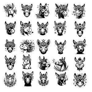 Funny Donkey Heads With Floral Accents SVG Bundle| Cute Farm Animal ...