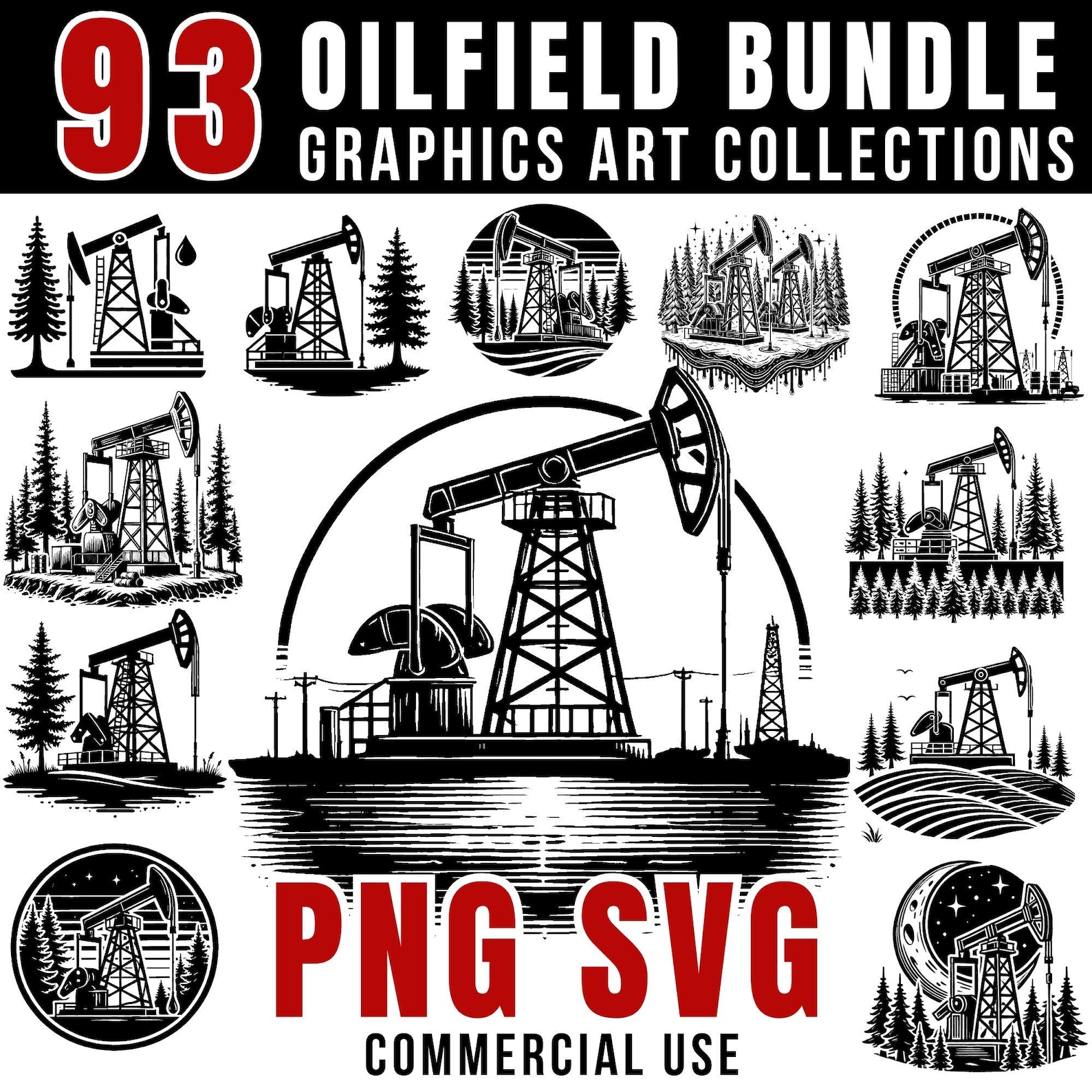 Oilfield Rig SVG and PNG Bundle | Industrial Pumpjack Silhouettes | Oil ...