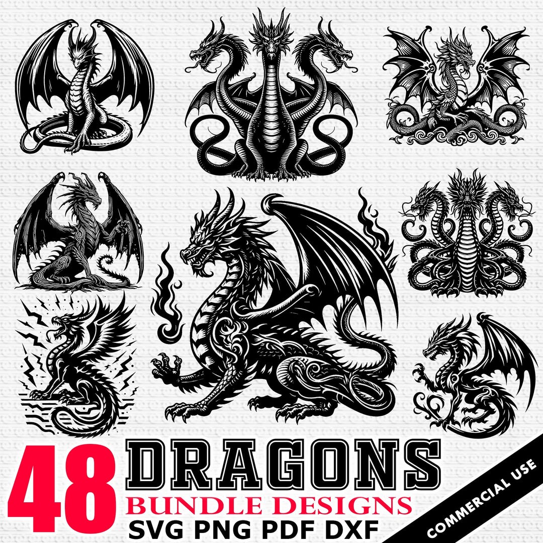 48 Dragons Bundle Designs SVG, Dragon Silhouette, Dragon Cricut File ...
