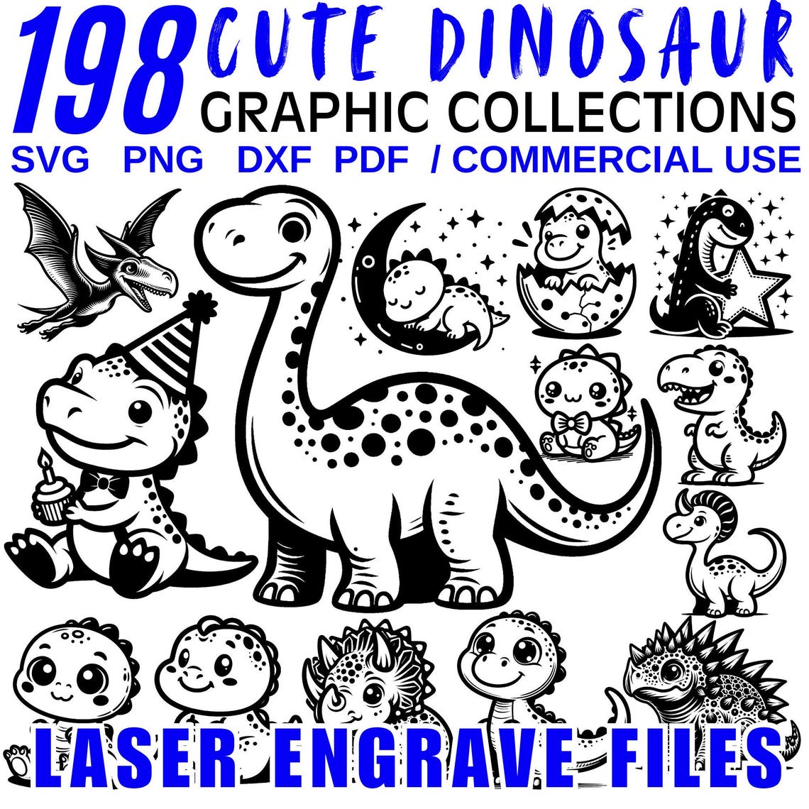 Cute Dinosaur Laser Engraving SVG Bundle | Engrave-ready Dino Designs ...