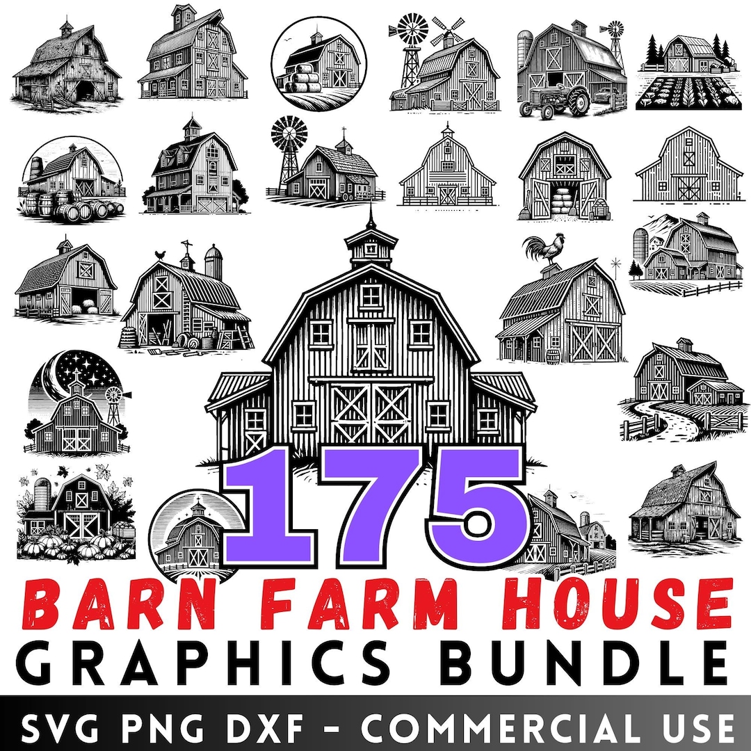 Barn Farmhouse SVG Bundle, Rustic Barn PNG, Farmhouse DXF Cut Files, Country Farm, Vintage Barn ...