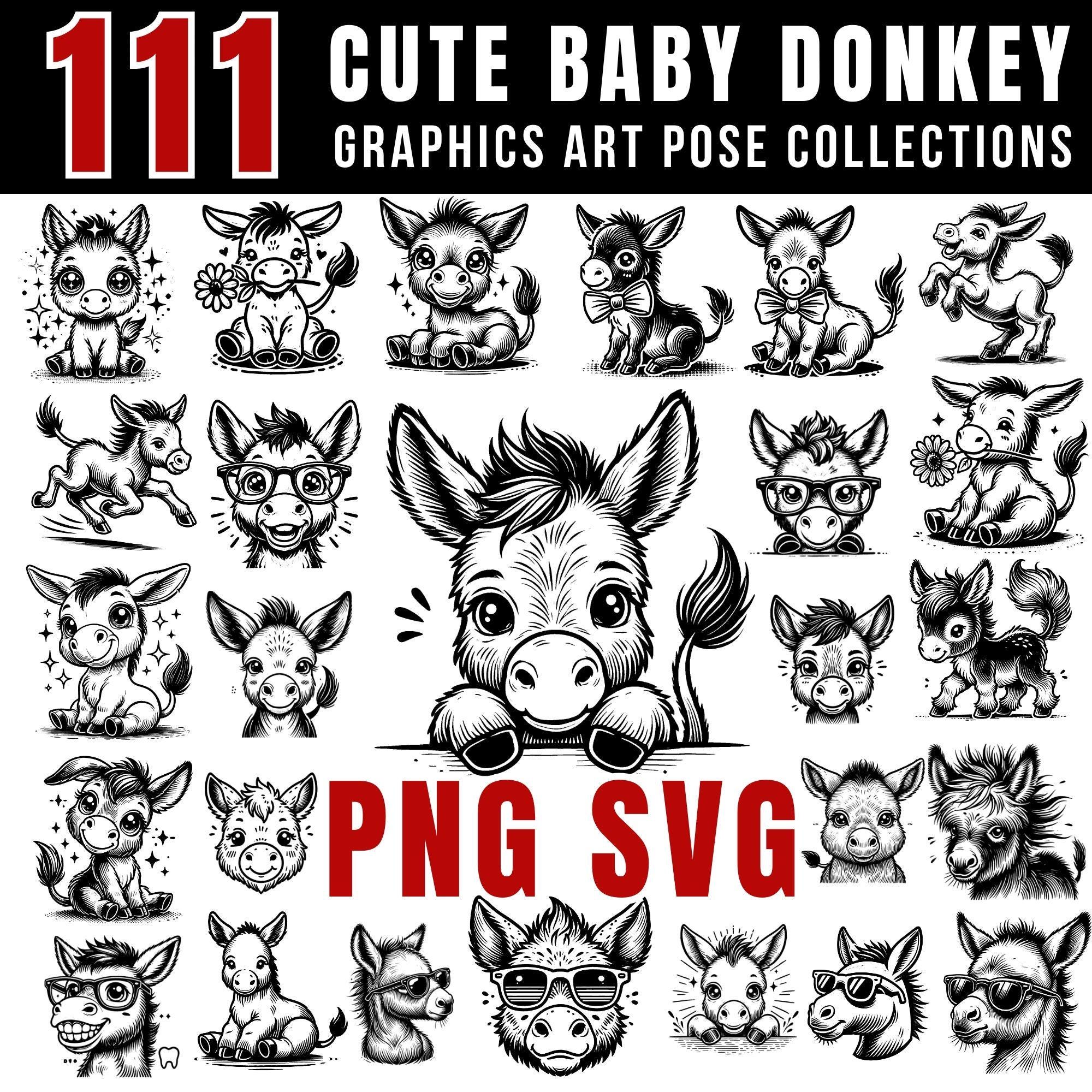 Cute Baby Donkey SVG and PNG Bundle | Farm Animal Clipart | Cartoon ...