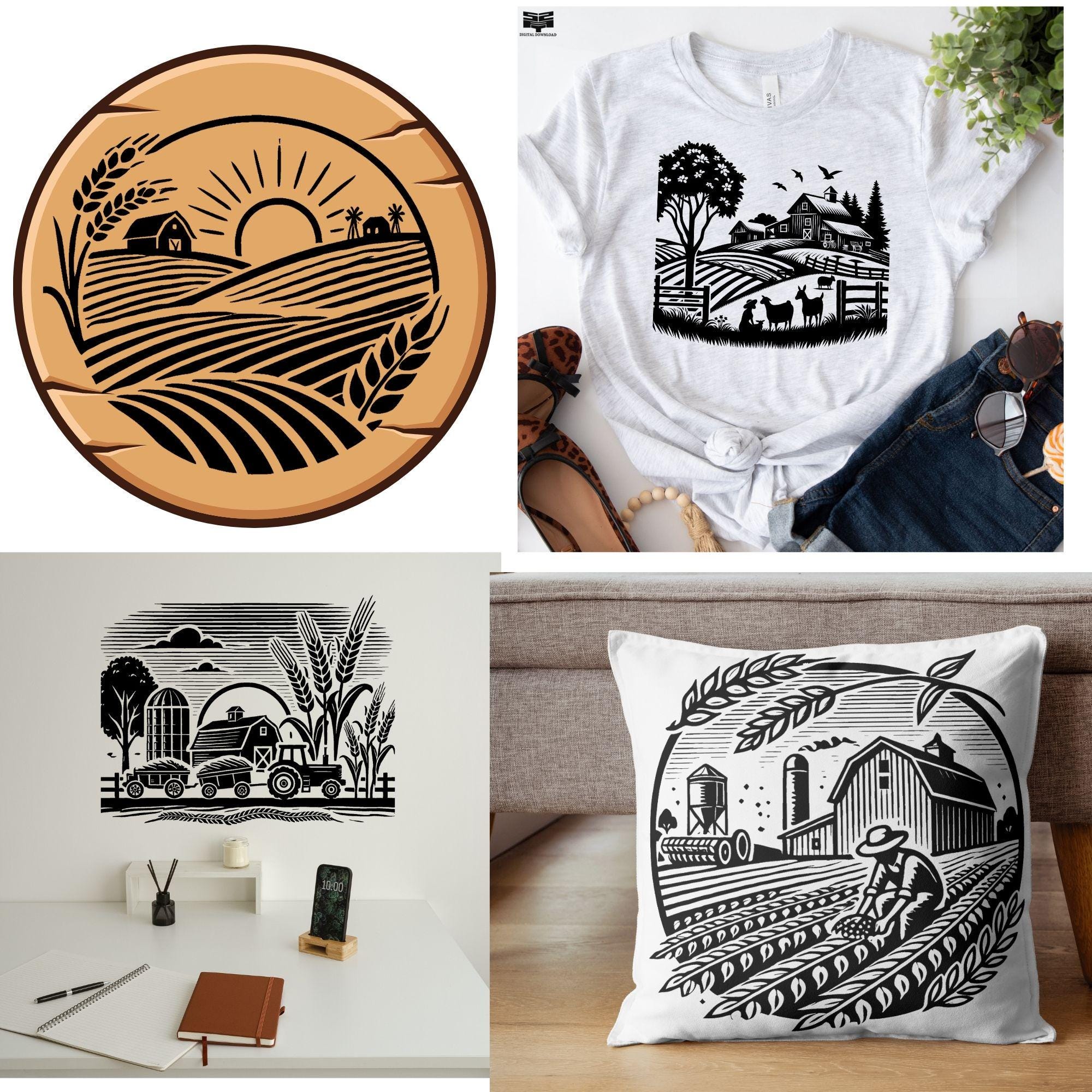 136 Farm Landscape Scene SVG and PNG Bundle | Countryside Fields, Barn ...
