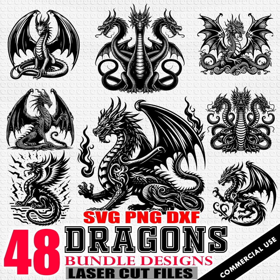 Dragon Laser Cut Files 48 Dragons Svg, PNG, Bundle Glowforge Dragons ...