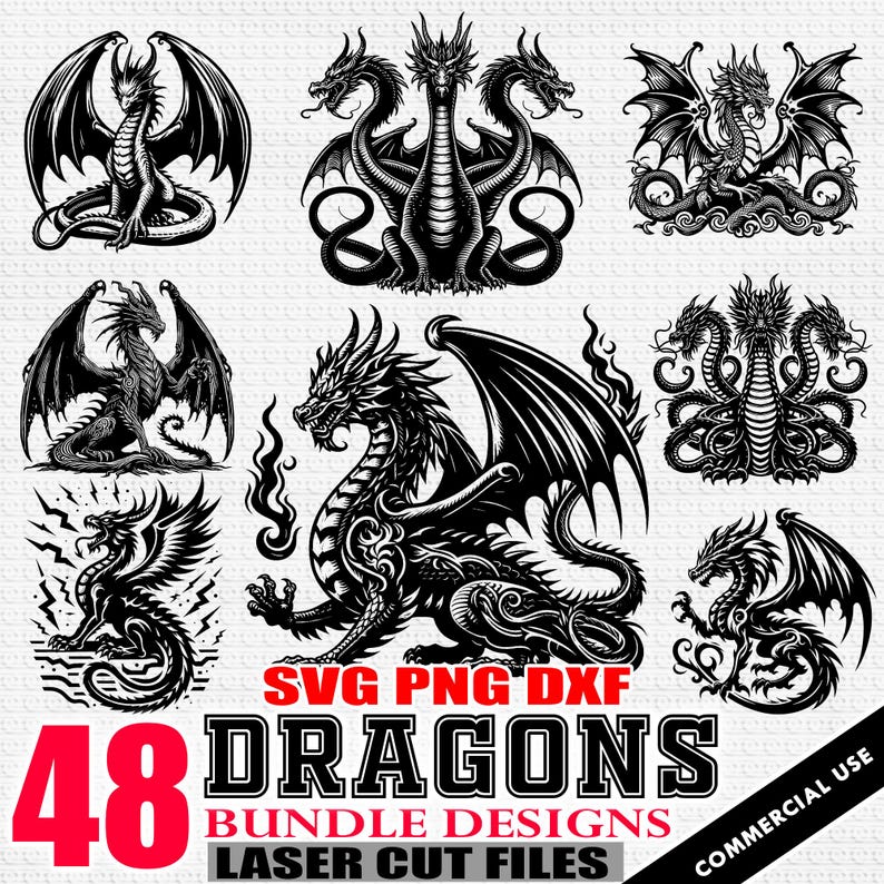 Dragon Laser Cut Files 48 Dragons Svg, PNG, Bundle Glowforge Dragons ...