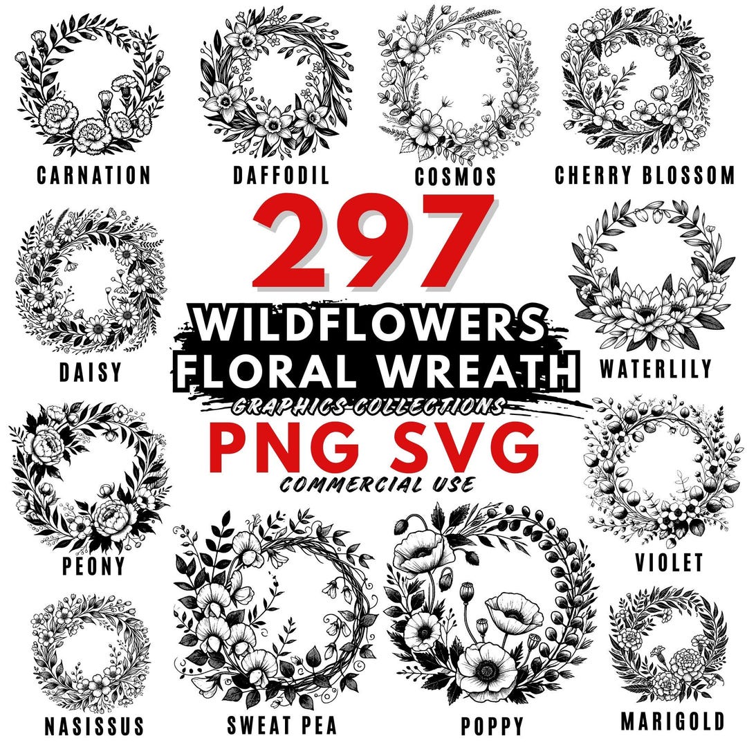 297 Wildflower Floral Wreath SVG and PNG Bundle /wildflower Wreath ...