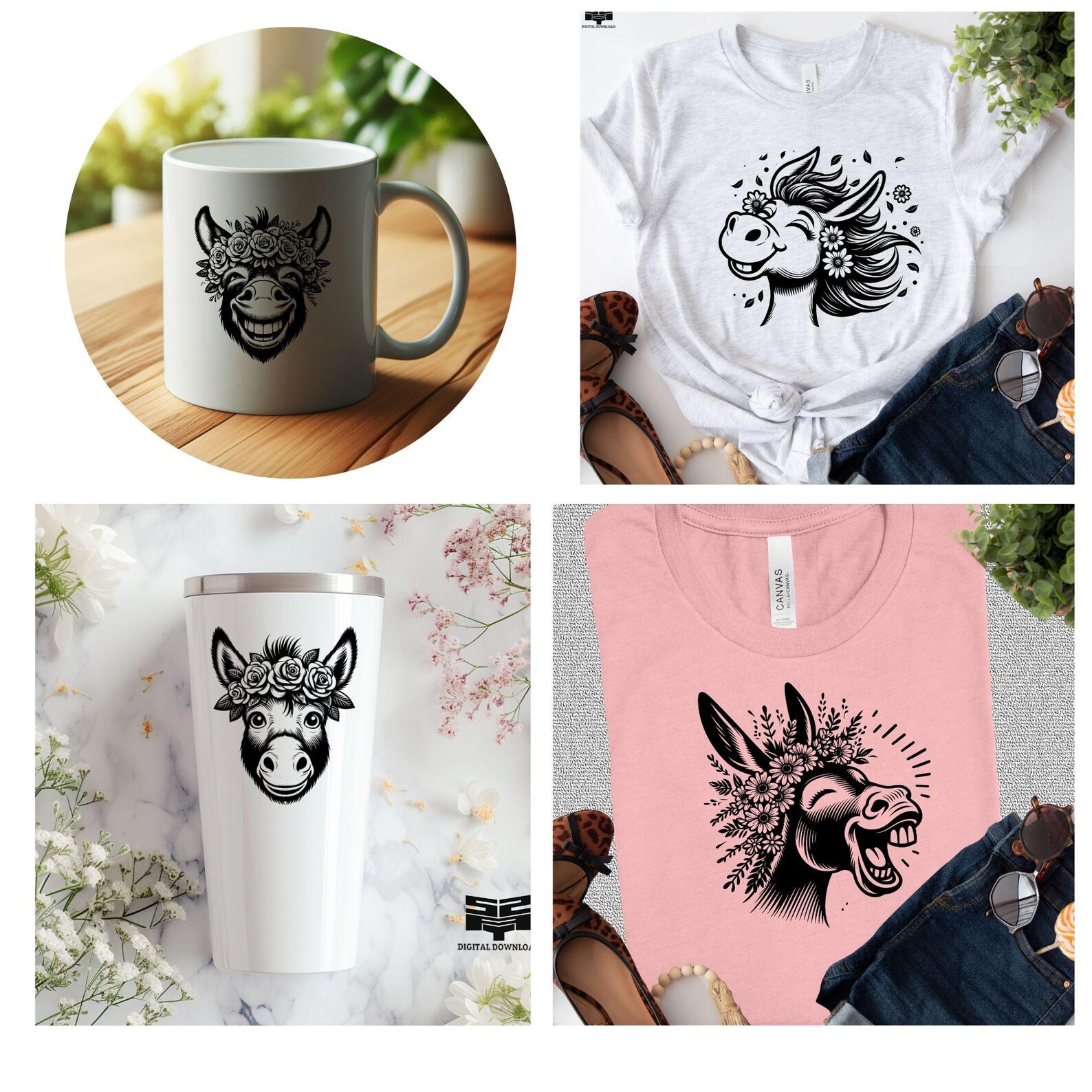 Funny Donkey Heads With Floral Accents SVG Bundle| Cute Farm Animal ...