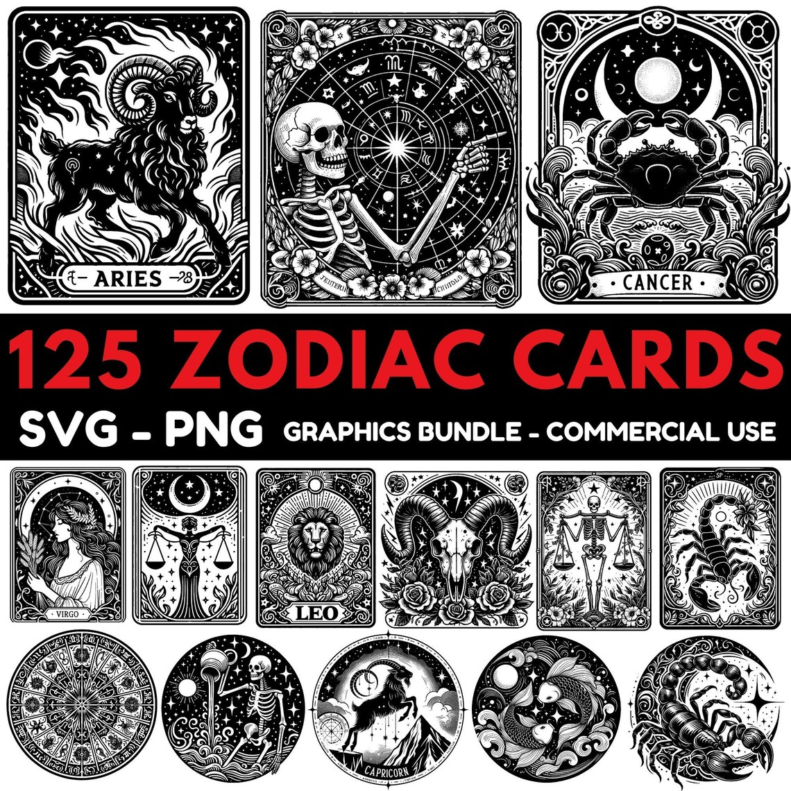 Zodiac Cards SVG Bundle, Tarot Card Svg, Zodiac Sign Svg, Celestial PNG ...