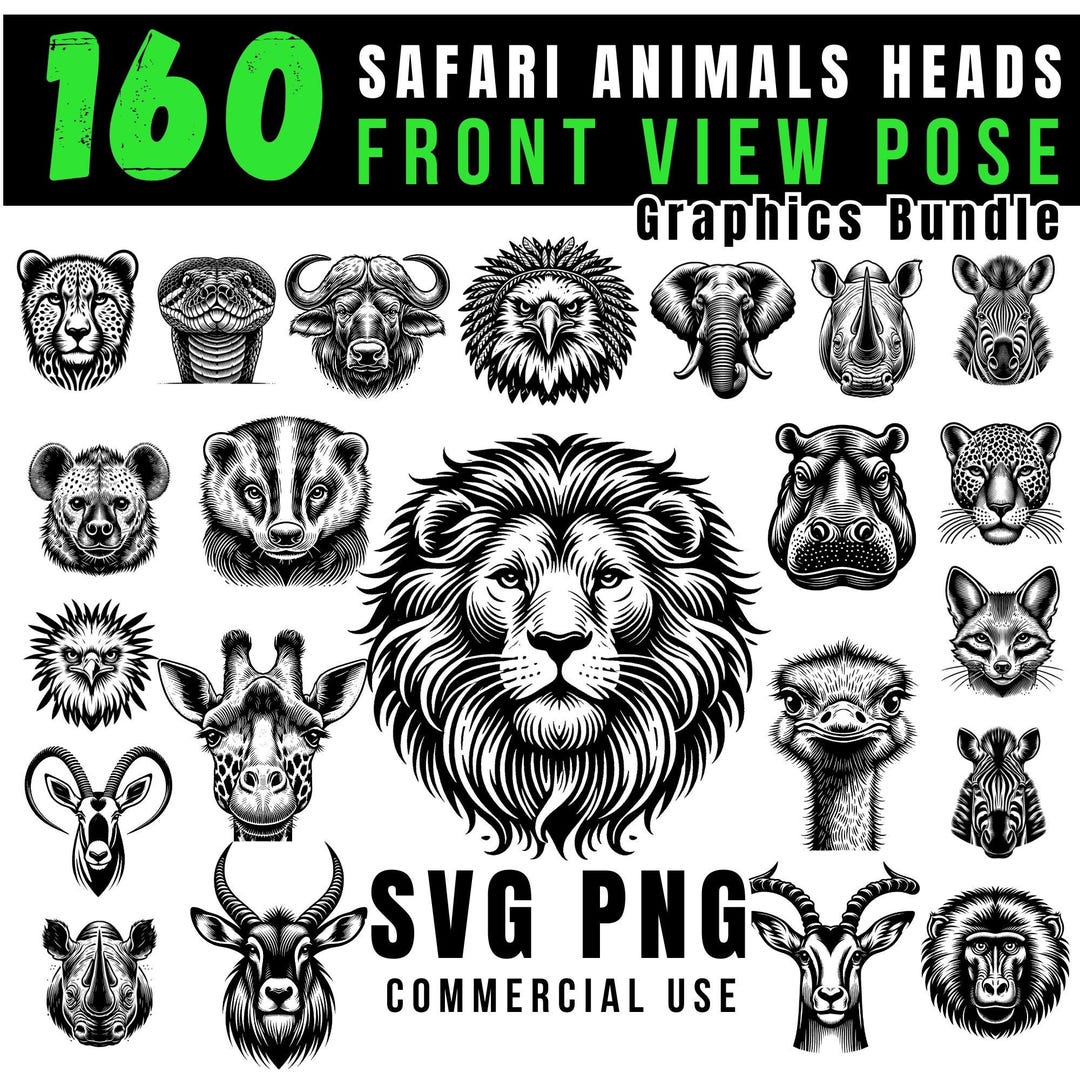 Safari Animal Head SVG and PNG Bundle | Jungle Wildlife Cut Files for ...