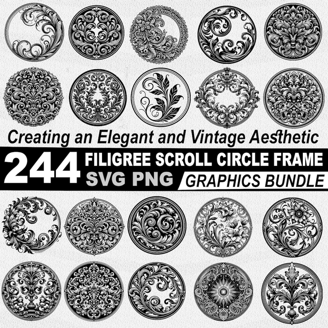 Filigree Scroll Circle Frame SVG Bundle | Ornate Round Frame SVG ...