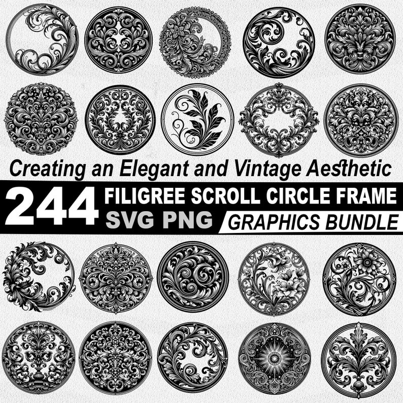 Filigree Scroll Circle Frame SVG Bundle | Ornate Round Frame SVG ...