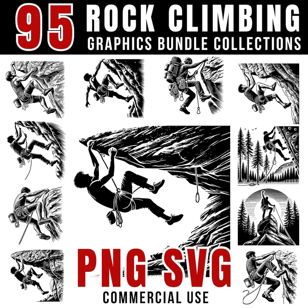 Rock Climbing SVG and PNG Bundle | Silhouette Climbers & Mountain ...