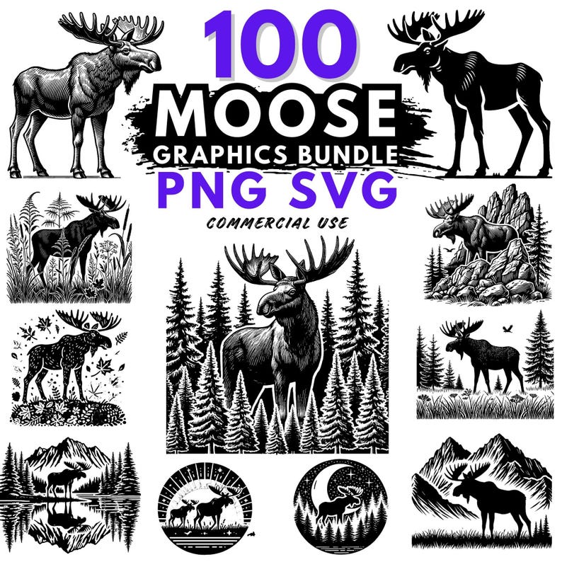 Moose Art SVG and PNG Bundle, Wildlife Forest Scene Cut Files for ...