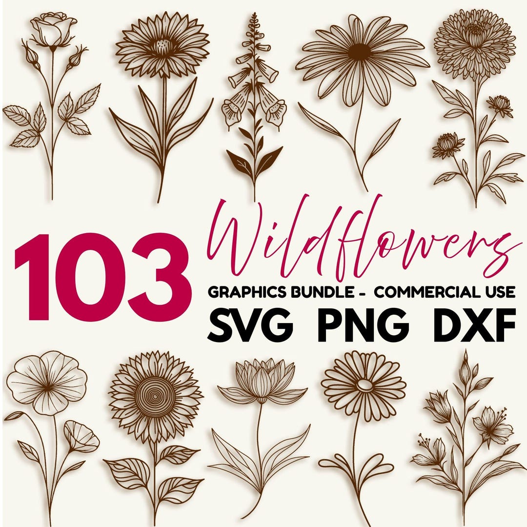 103 Wildflowers SVG Bundle, Line Art Floral, Silhouette Cut Files, Png ...