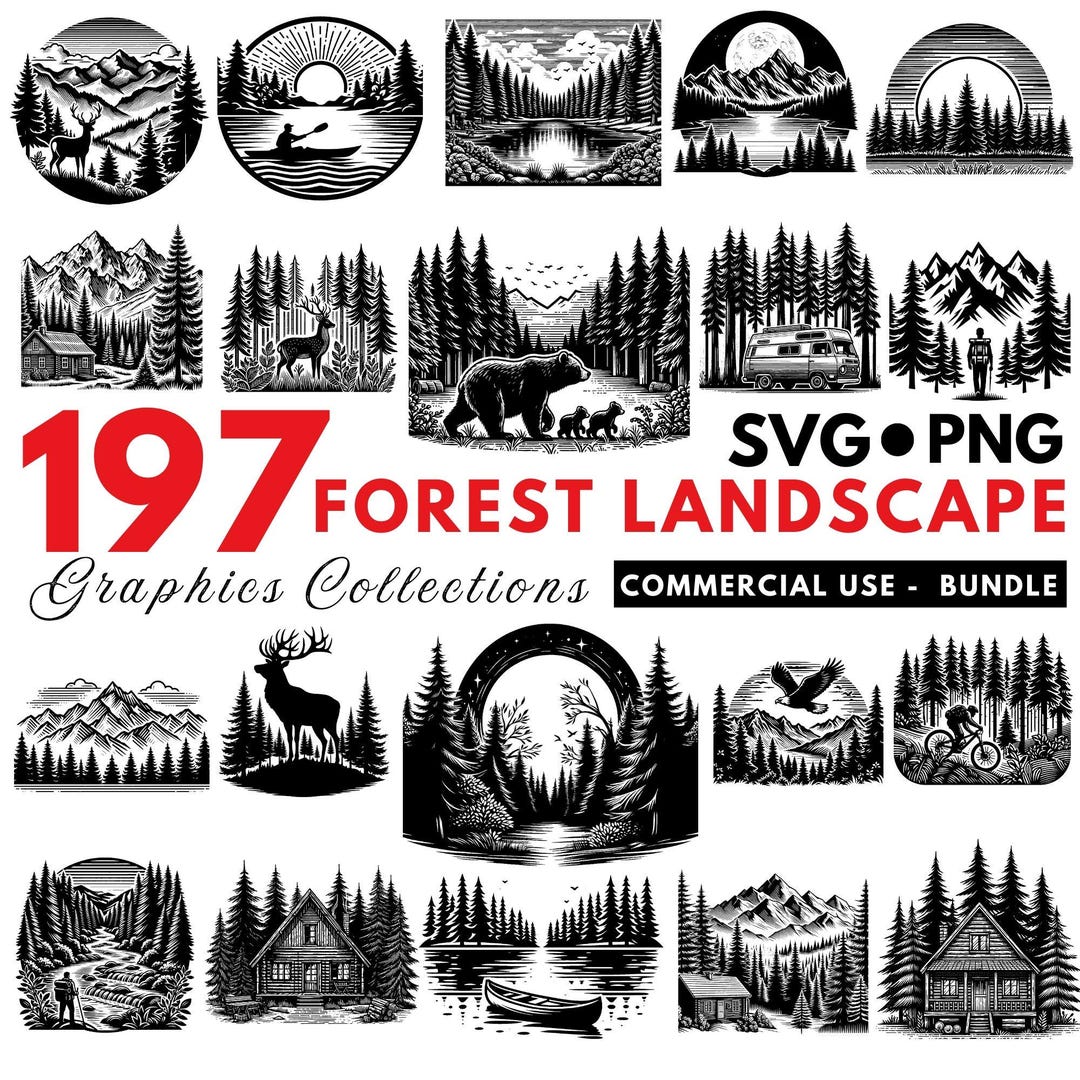 Forest Landscape SVG Bundle, Cricut Cut Files, PNG Silhouette, Mountain ...
