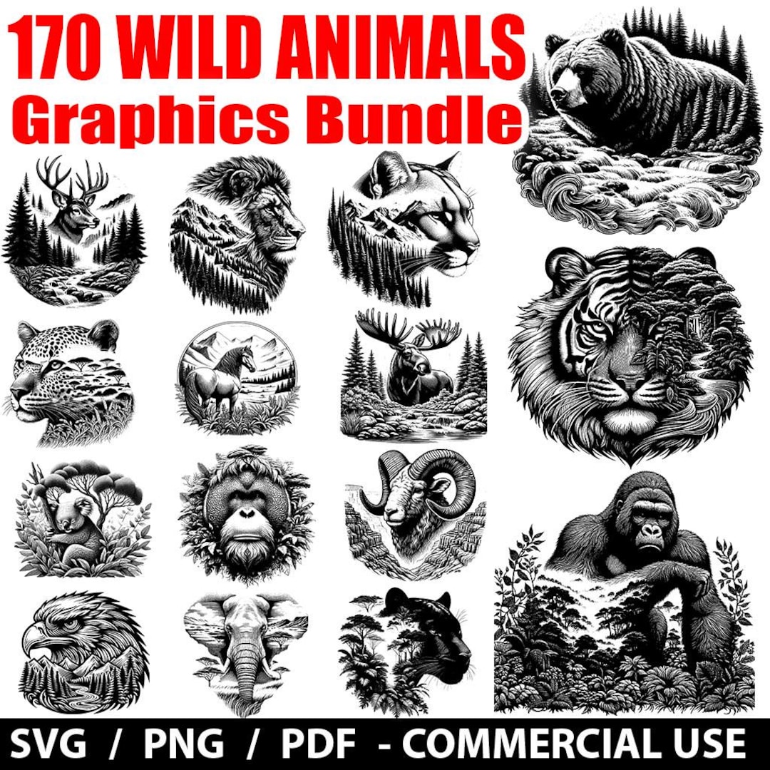 Wild Animals Vector Bundle | Wildlife Double Exposure Engraving Designs ...