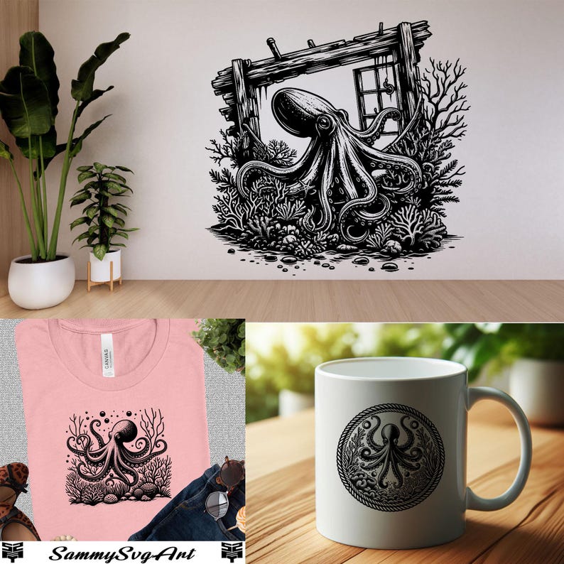 Octopus Underwater Scene Laser Engraving Files | Ocean Sea Life Engrave ...