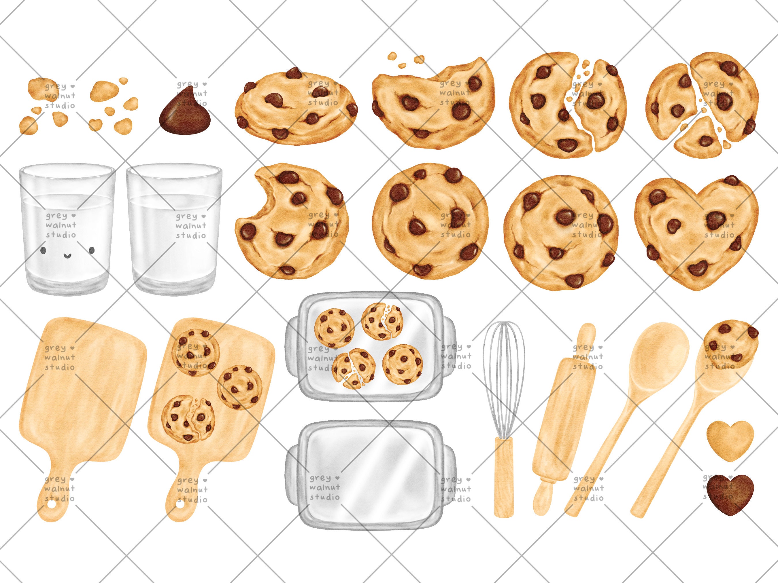 Chocolate Chip Cookies Clipart, Watercolor Cookies Clipart, Baking ...