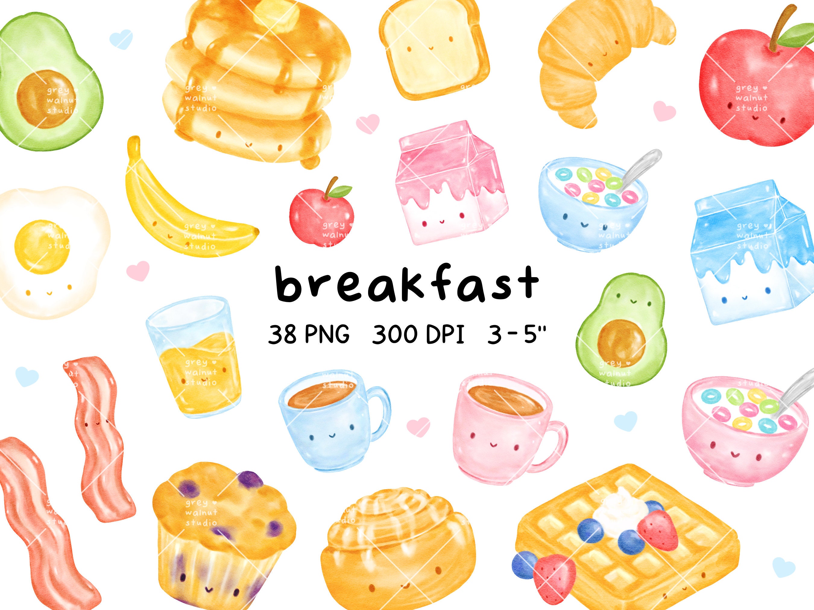 Watercolor Breakfast Clipart, Kawaii Food, Pancakes, Waffles, Croissant ...