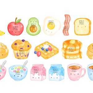 Watercolor Breakfast Clipart, Kawaii Food, Pancakes, Waffles, Croissant ...