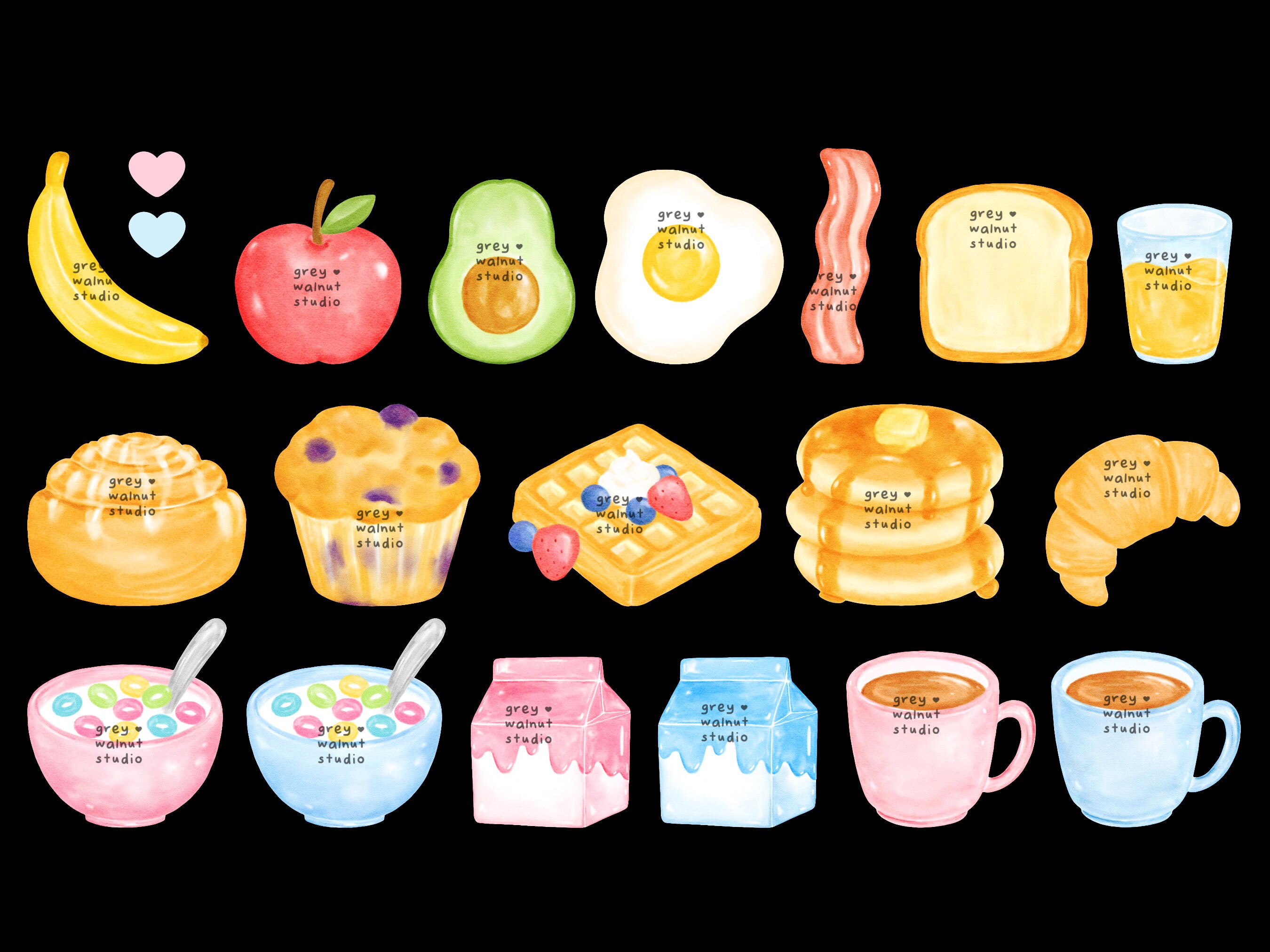 Watercolor Breakfast Clipart, Kawaii Food, Pancakes, Waffles, Croissant ...