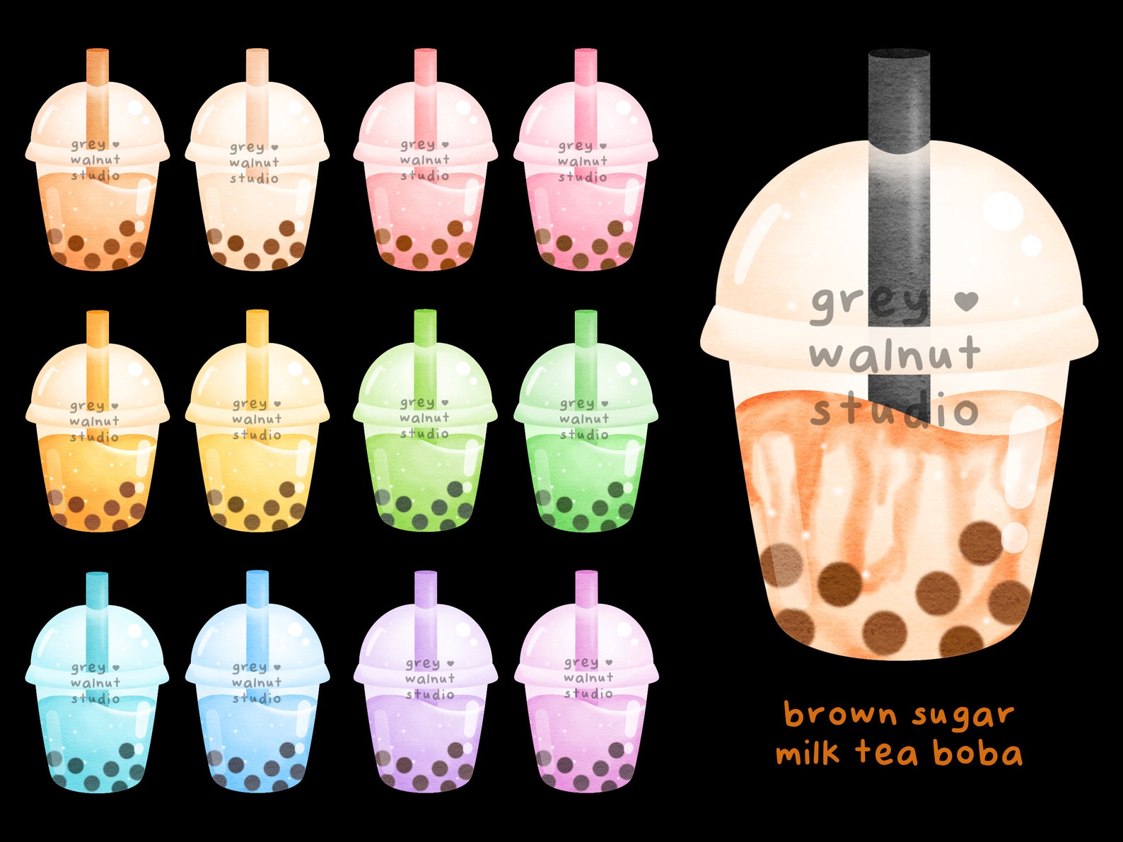 Bubble Tea Clipart, Kawaii Boba, Milk Tea, Smoothie, Milkshake, Cups ...